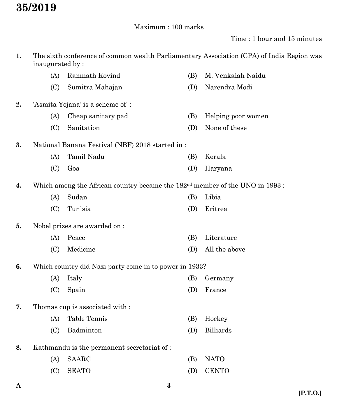 Kerala PSC- Women Excise officer( 35/2019) Question Paper with Answer ...