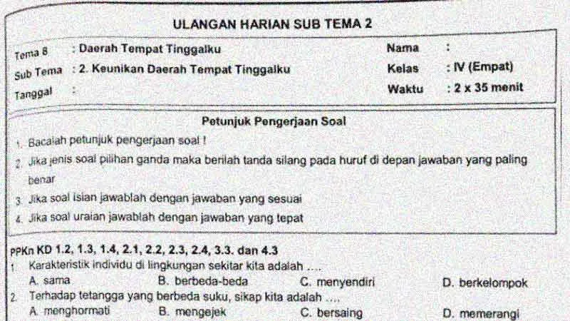 Soal Penilaian Harian Kelas 4 Tema 8 Subtema 2 - SekolahDasar.Net