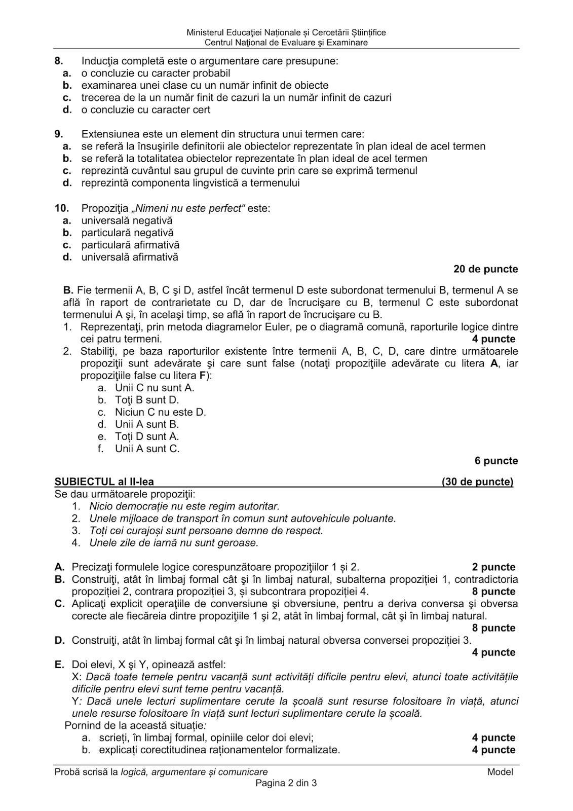 Model oficial al examen Bacalaureat, proba de Logică, argumentare și ...