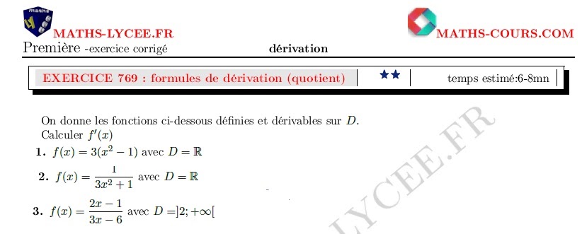 réf 769-Calculs de dérivées (formules de dérivation)