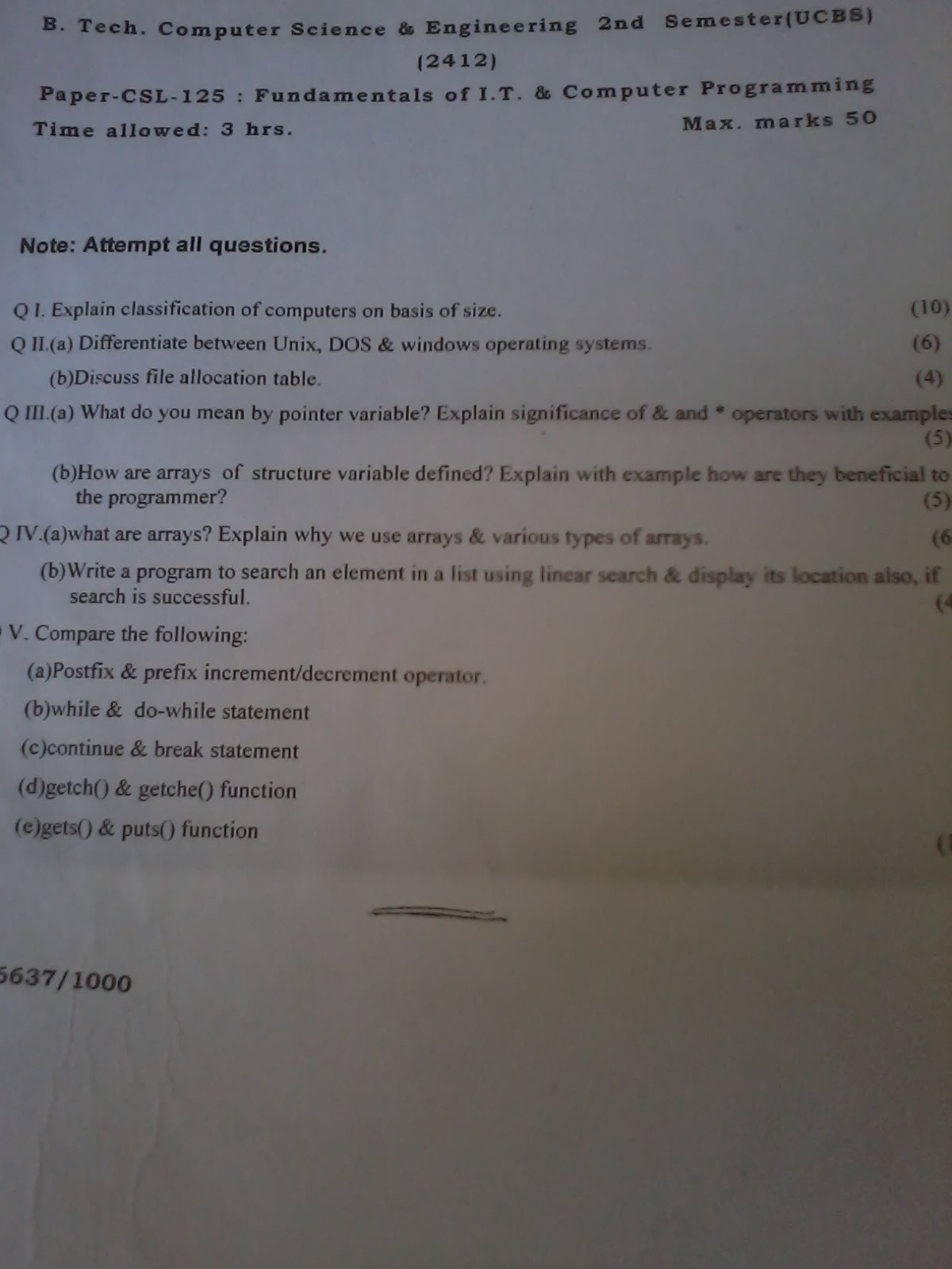 GNDU University Fundamentals of Computer Programming & I.T Question ...