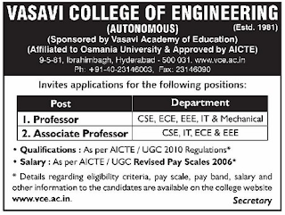Vasavi College of Engineering Hyderabad wanted Associate Professor ...