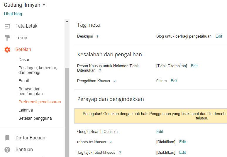 Mengenal Submenu Pada Menu Setelan Blog - Kang Syahri