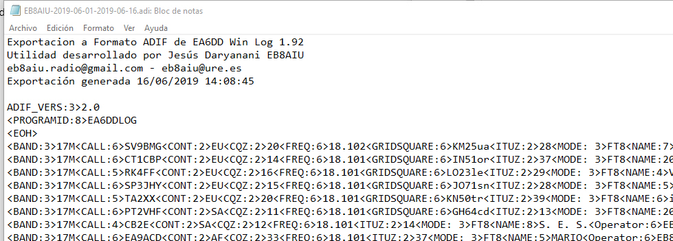 Cosas de la radio y algo más.: Generar ADIF desde EA6DDLog