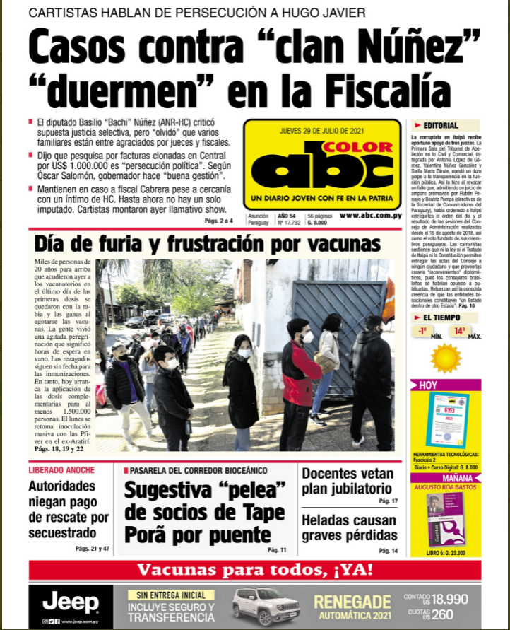 Tapa de Diarios Py 29/JUL/2021
