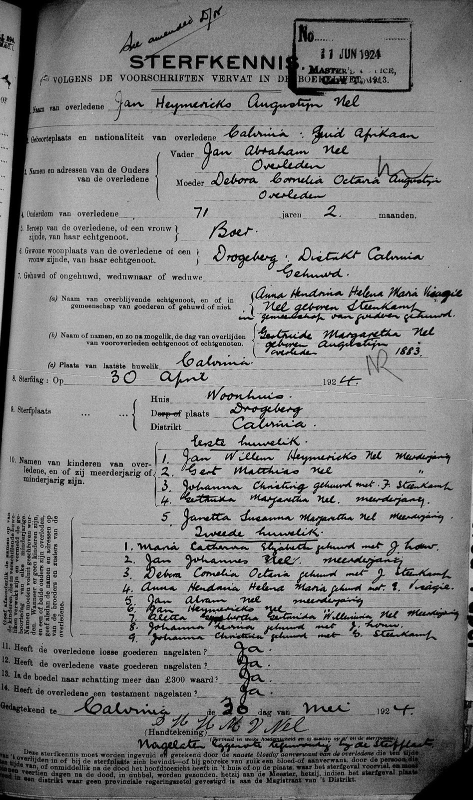 Familie-legkaart: g.3. Jan Heymeriks Augustyn NEL, geb. c. 1852