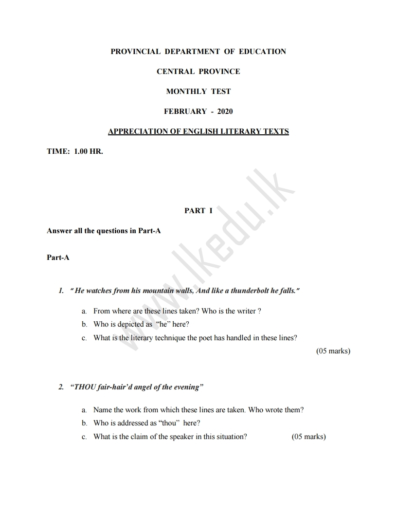 Grade 10 - English Literature - Monthly test -February - Central ...