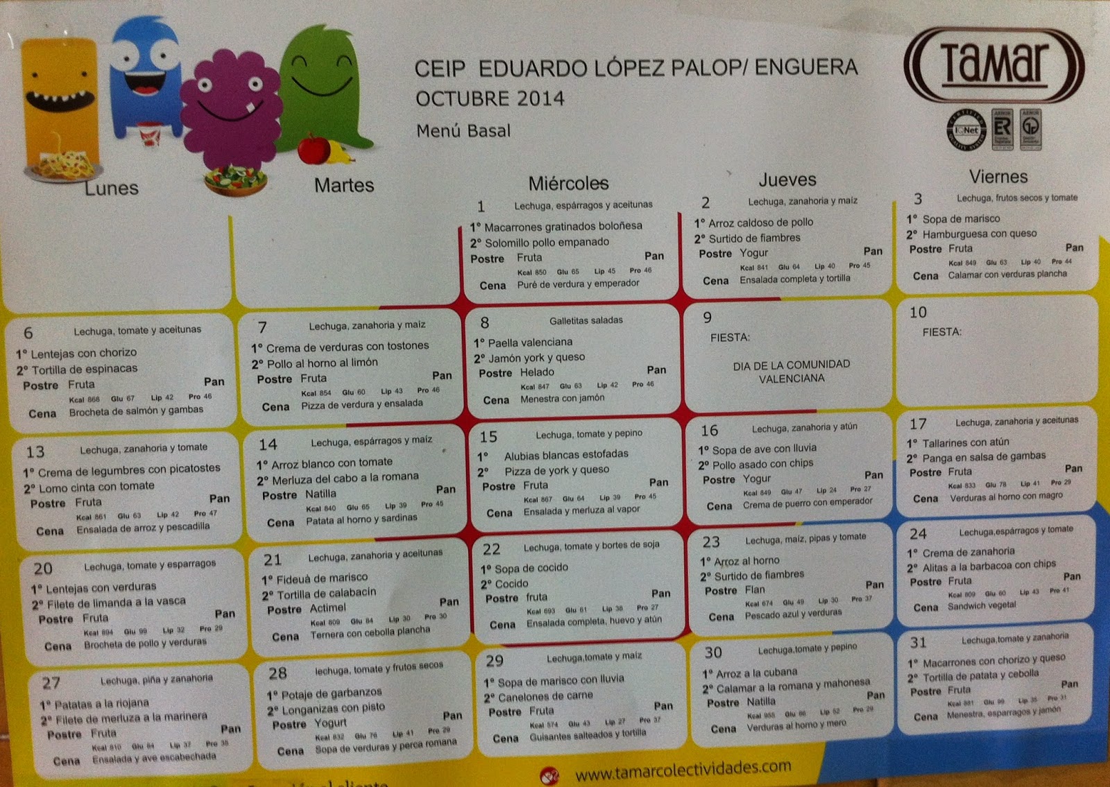 AMPA C.E.I.P EDUARDO LÓPEZ PALOP: MENÚ COMEDOR ESCOLAR MES OCTUBRE 2014