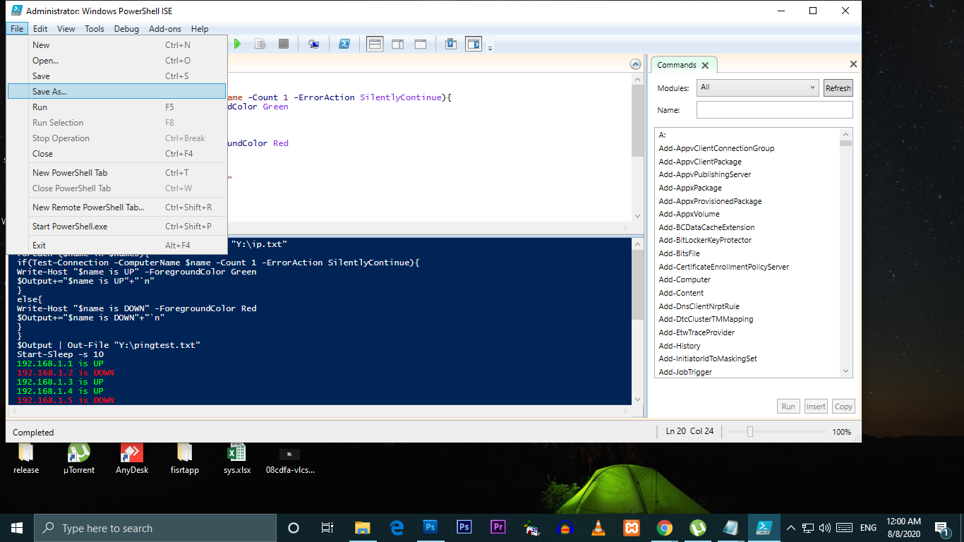 Script to ping multiple IP addresses and Host names using powershell