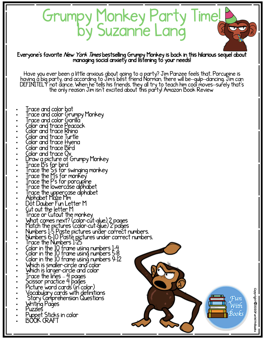 GRUMPY MONKEY PARTY TIME! BOOK UNIT AND CRAFT ~ Book Units by Lynn