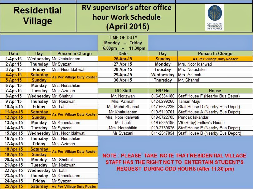 Supervisor Work Schedule Pertaining To Room Keys - April 2015