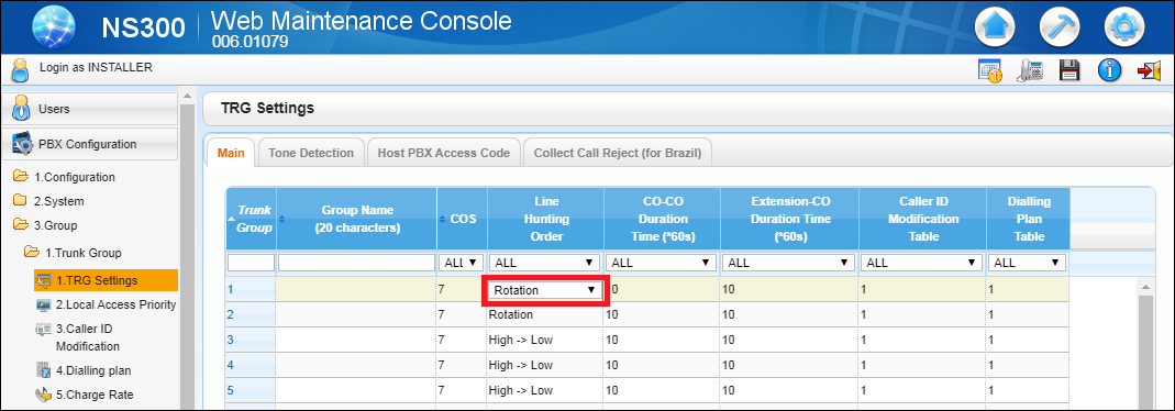How to configure Trunk Group for calling in panasonic ns300 epabx?