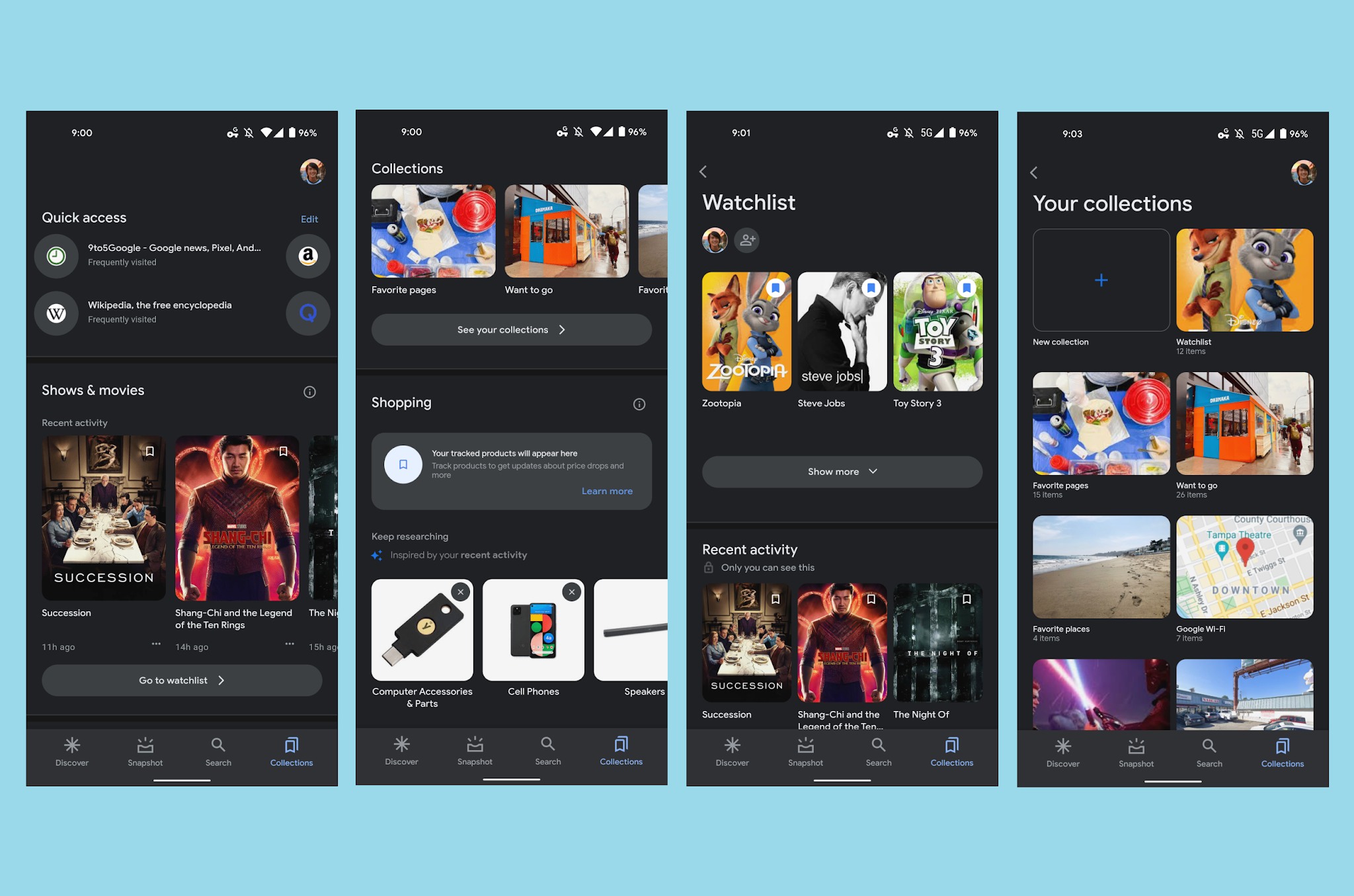 Google Search app alongside design changes in the Collections tab ...
