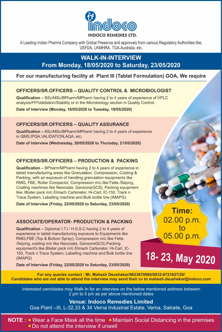 Indoco Remedies Goa interview in 2020 May 18th to 23rd for Production ...
