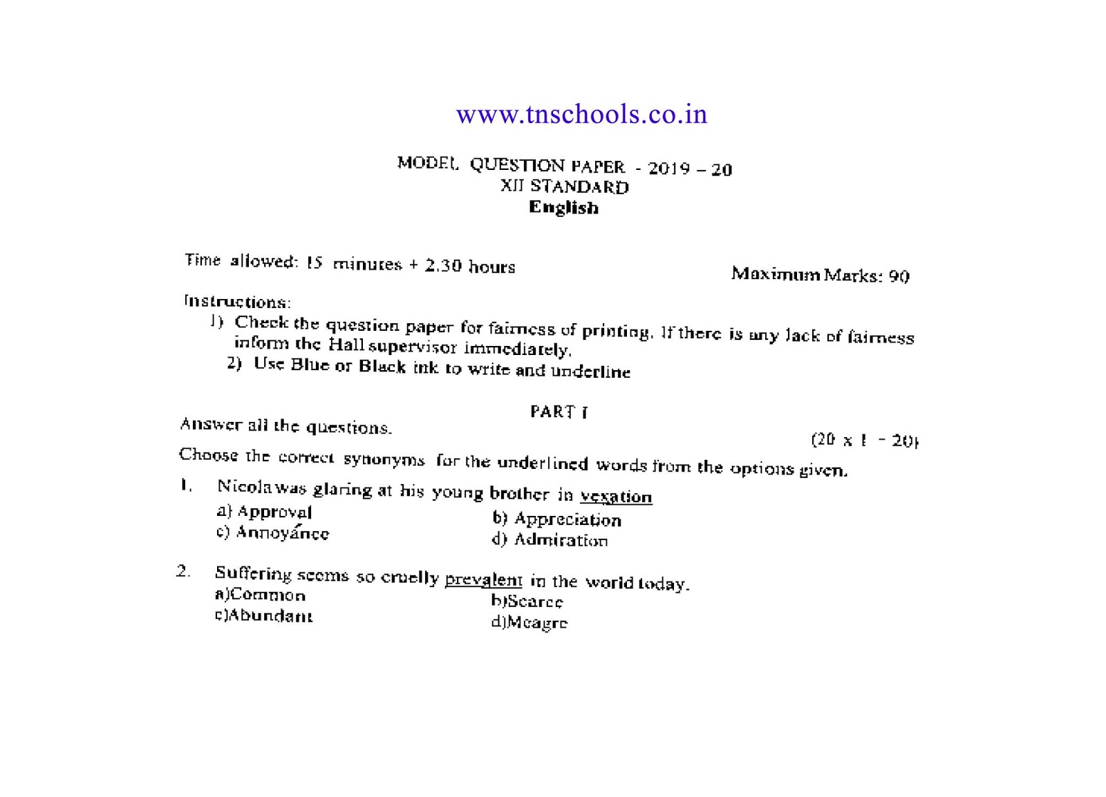 12th Std English Half Yearly exam model Question Paper - 2019-2020
