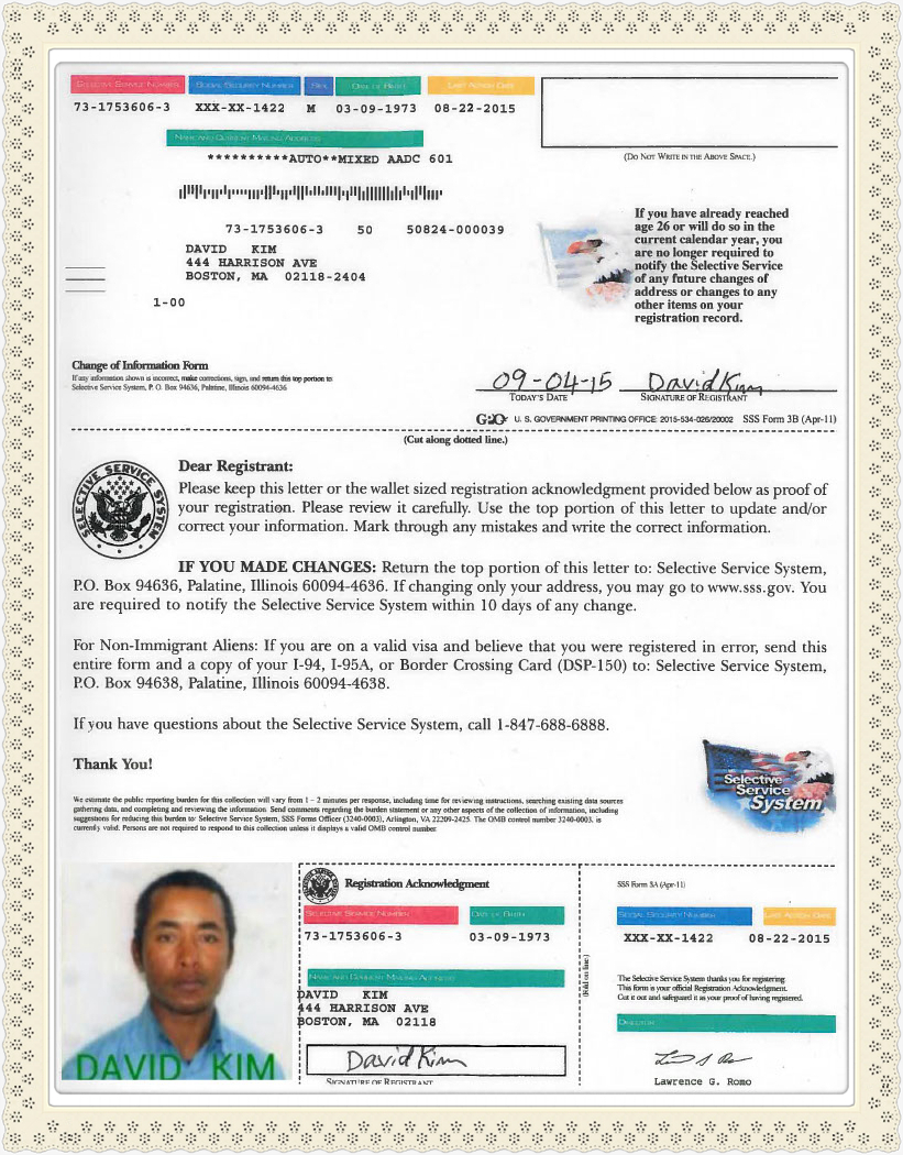 David Kim: REGISTRATION ACKNOWLEDGMENT CARD