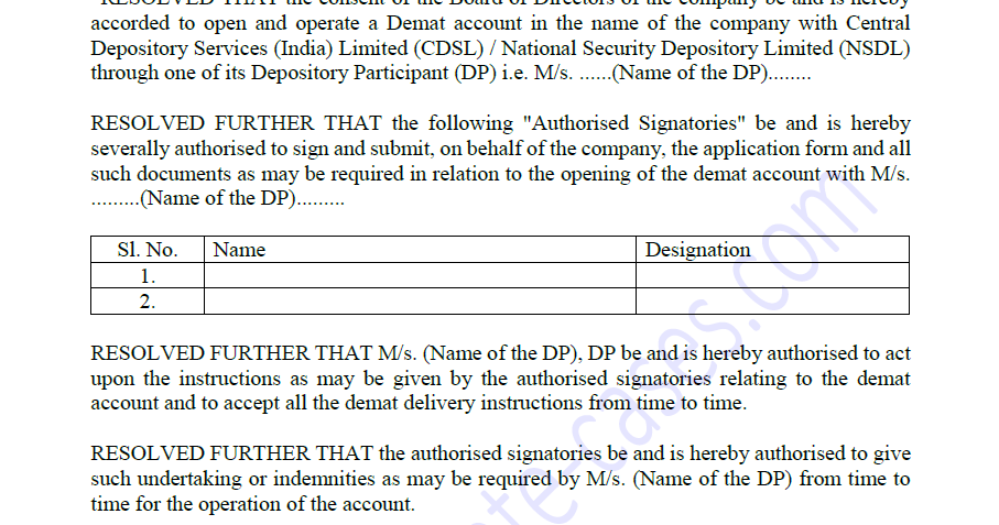Draft Board Resolution for Opening & Closure of Demat Account