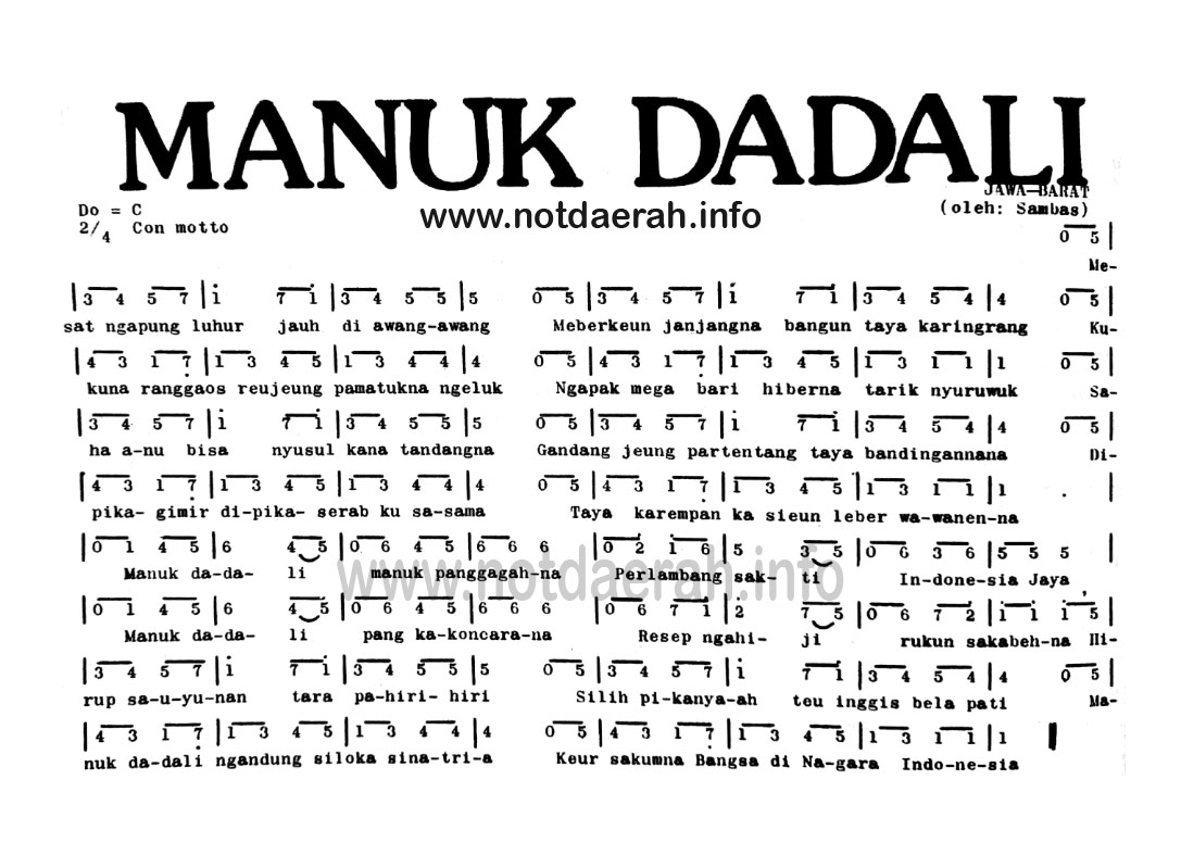 Lirik Lagu Manuk Dadali Dan Not Angkanya Lasopaforme