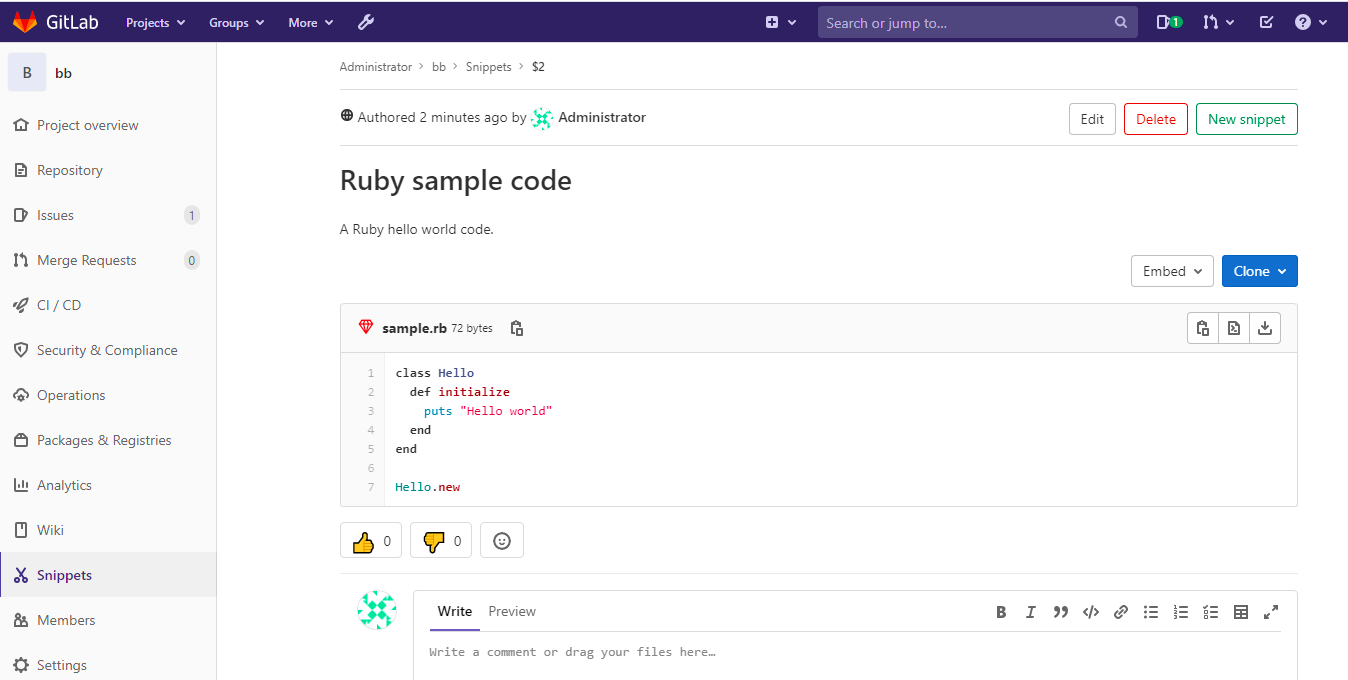 hawksnowlog: Gitlab の Snippets 機能を使ったみた