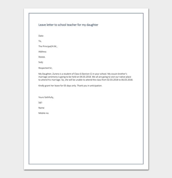 Leave Letter Format For Kindergarten Resume Template leave-letter-format-for-kindergarten-resume-template