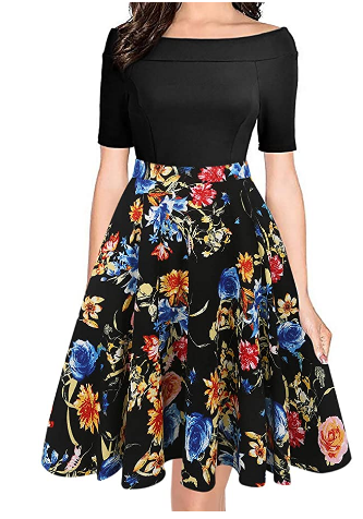 Naive Shine Women's Retro Off Shoulder Swing Patchwork Pockets Casual ...