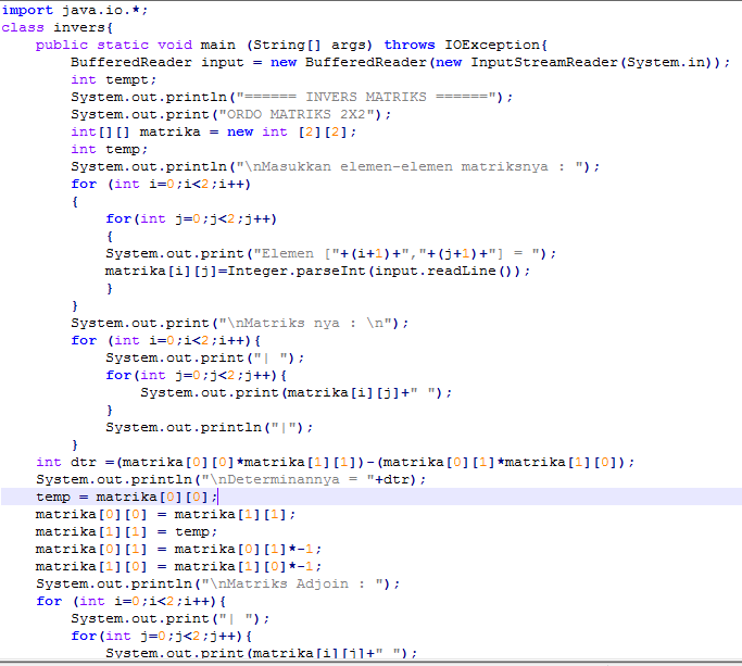 PROGRAM MENCARI INVERS MATRIKS MENGGUNAKAN JAVA