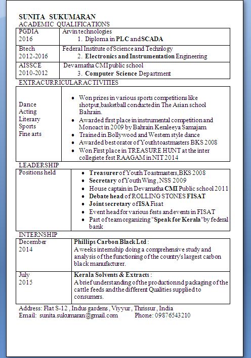 Resume Format For PLC, SCADA and Electronics and Instrumentation ...