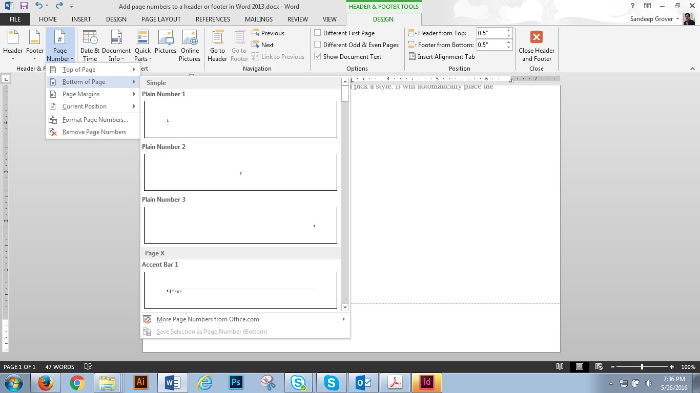 Add Page Numbers To A Header Or Footer In Word 2013 add-page-numbers-to-a-header-or-footer-in-word-2013