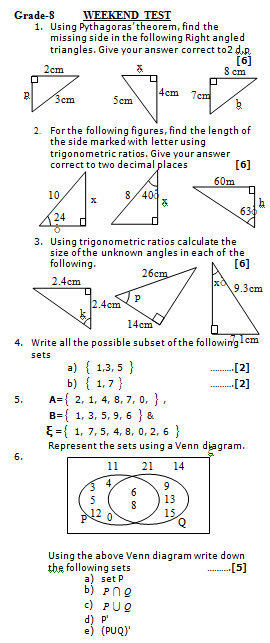 IGCSE MATHEMATICS Resources: Test on pythagoras theorem and sets