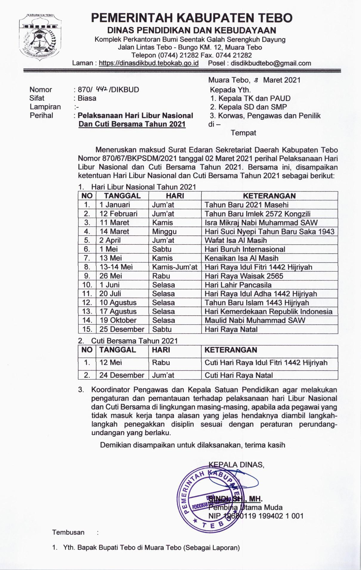 Surat Pelaksanaan Hari Libur Nasional dan Cuti Bersama Tahun 2021 ...