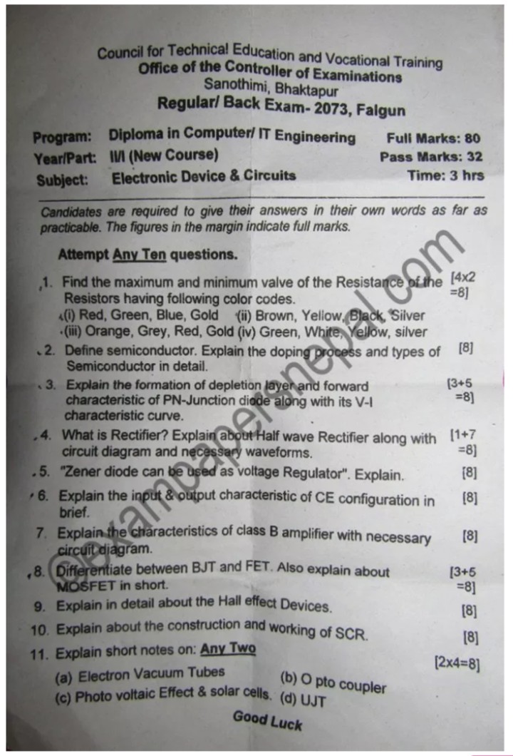 Electronic Device & Circuit | Question Paper | CTEVT