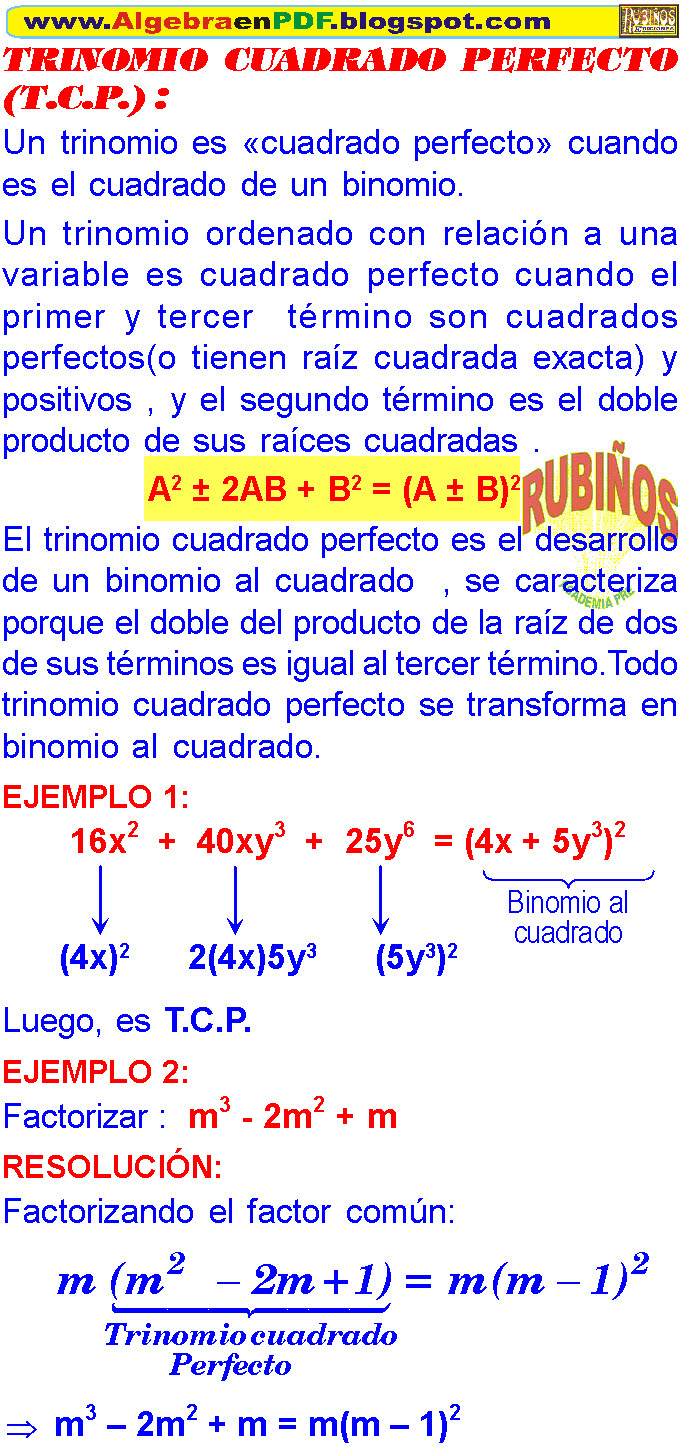 FACTORIZACION DE UN TRINOMIO CUADRADO PERFECTO EJERCICIOS RESUELTOS
