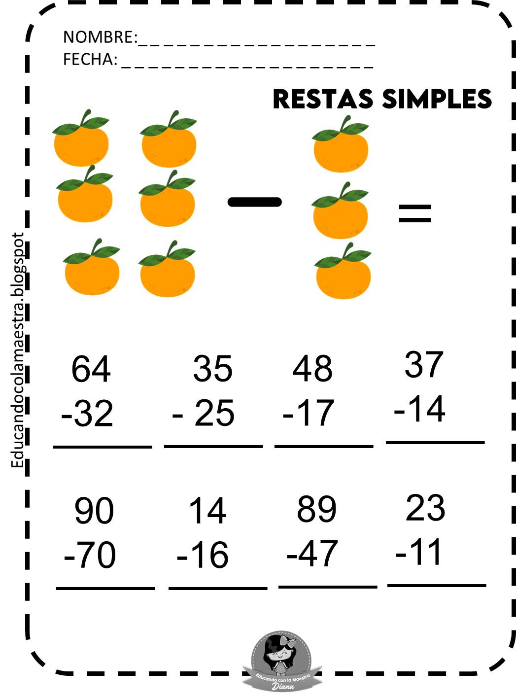 Educando con la Maestra: La Resta / Sustracción/ ejercicios sencillos!!! Educando con la Maestra: La Resta / Sustracción/ ejercicios sencillos!!!