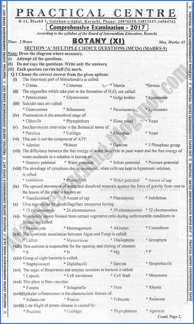 Adamjee Coaching: Botany 11th - Practical Centre Guess Paper 2017