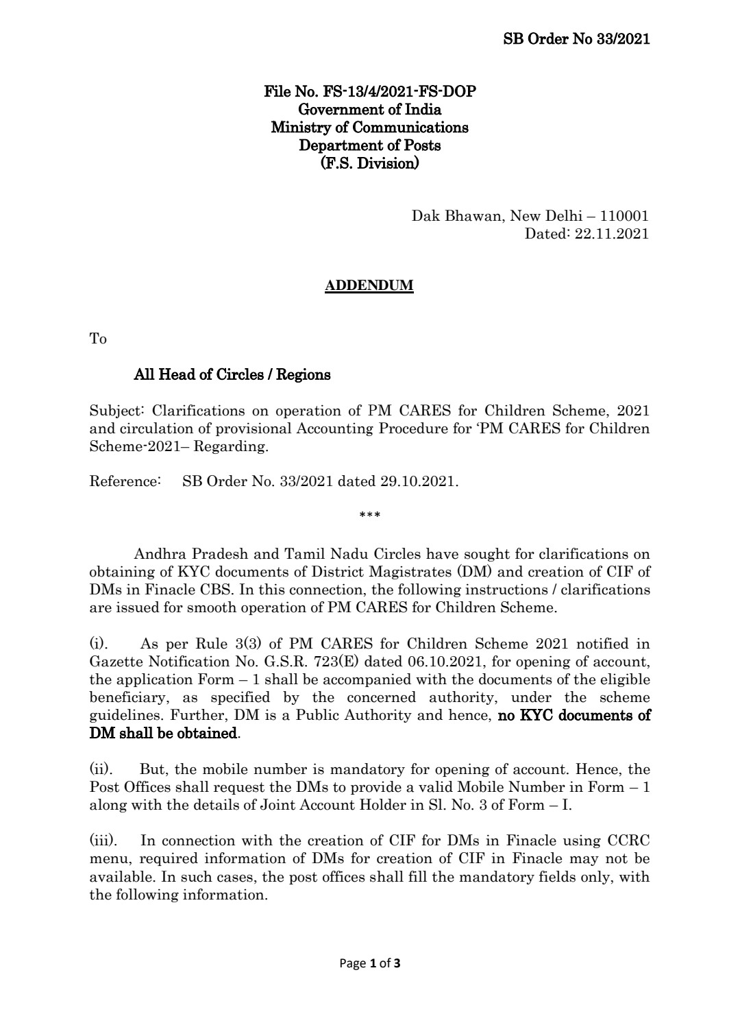 Addendum to S B Order No. 33/2021 : Clarification om operation of PM ...