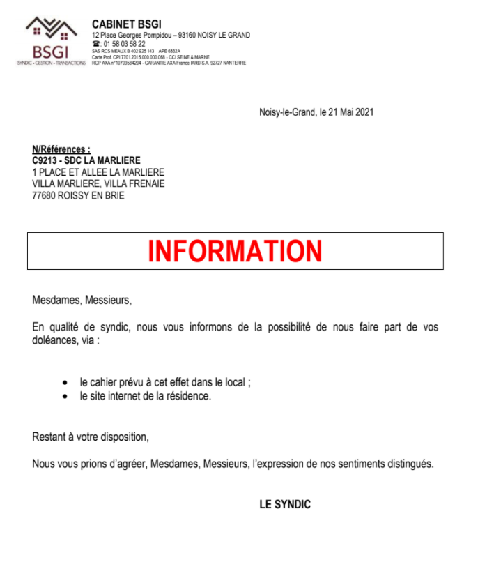 Note D'information SYNDIC au sujet des Doléances dans le cadre des ...