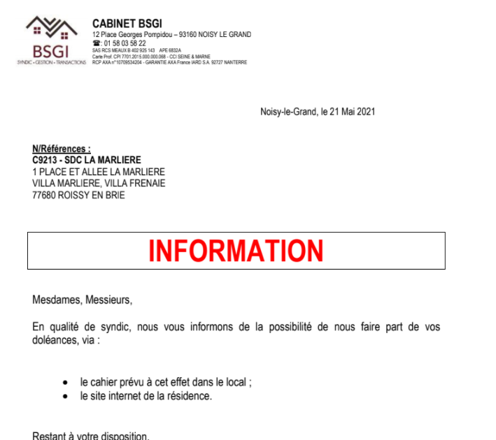 Note D'information SYNDIC au sujet des Doléances dans le cadre des ...