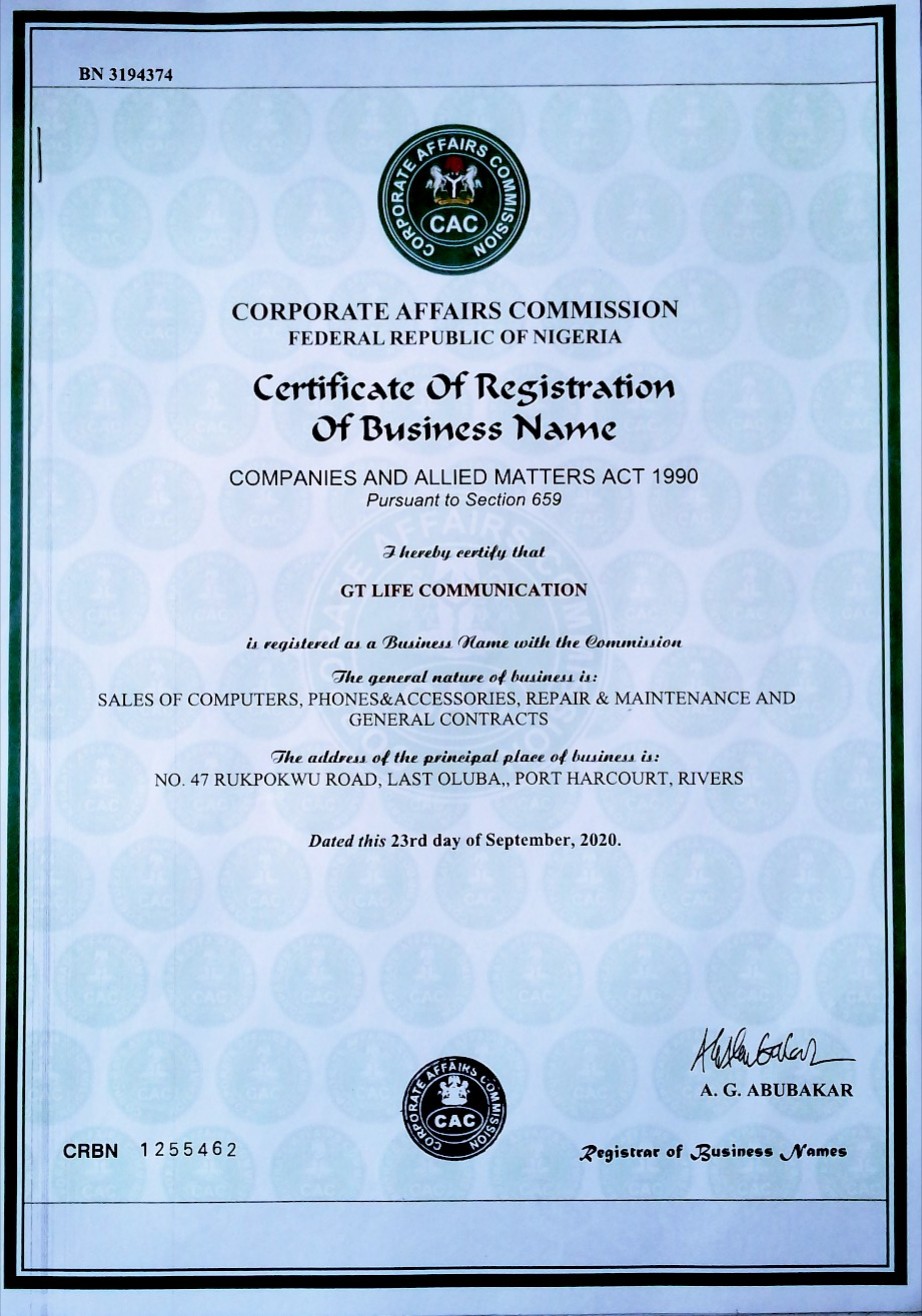 Certificate Of Registered Business Certificate Of Registered Business