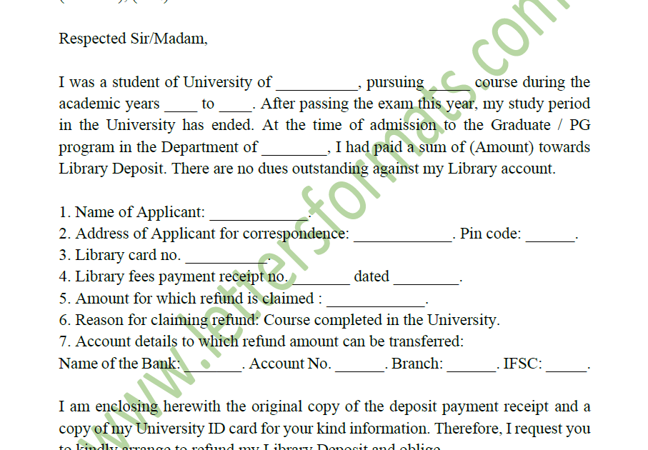 Application Letter Format for Refund of Library Security Deposit