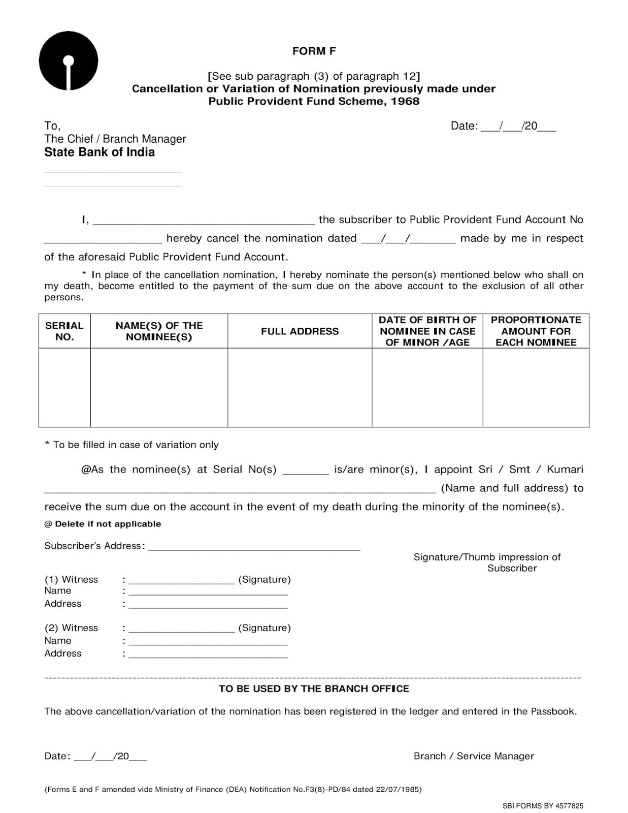 Forms19: FORM-E ABOUT CANCELLATION OF NOMINATION PPF ACCOUNT