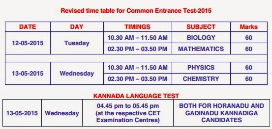 True Gift: Karnataka Revised Time table for CET Common Entrance Test 2015