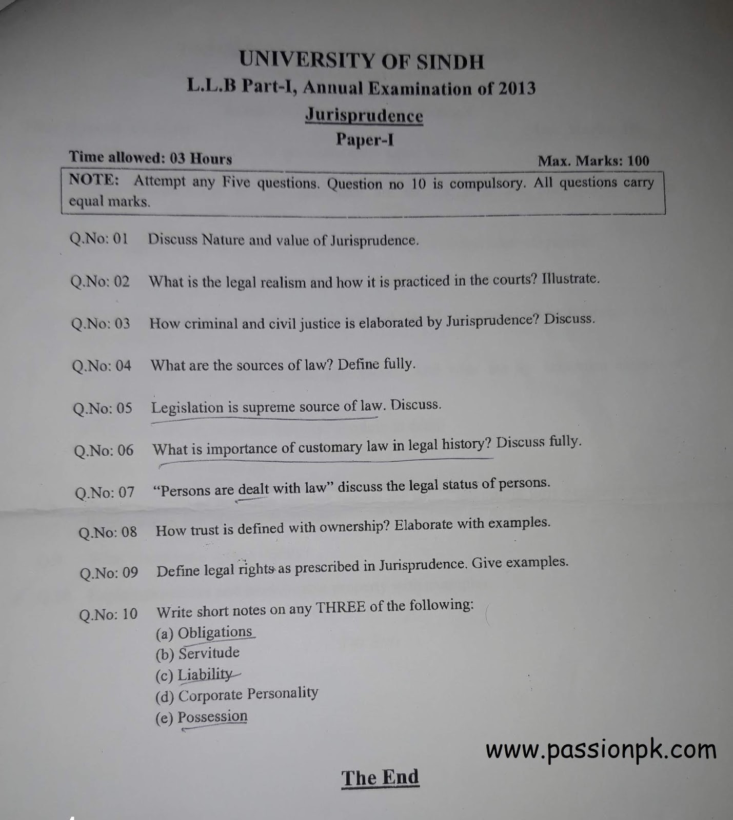 PASSIONPK: Sindh University LLB Part 1 Past Papers Of Jurisprudence