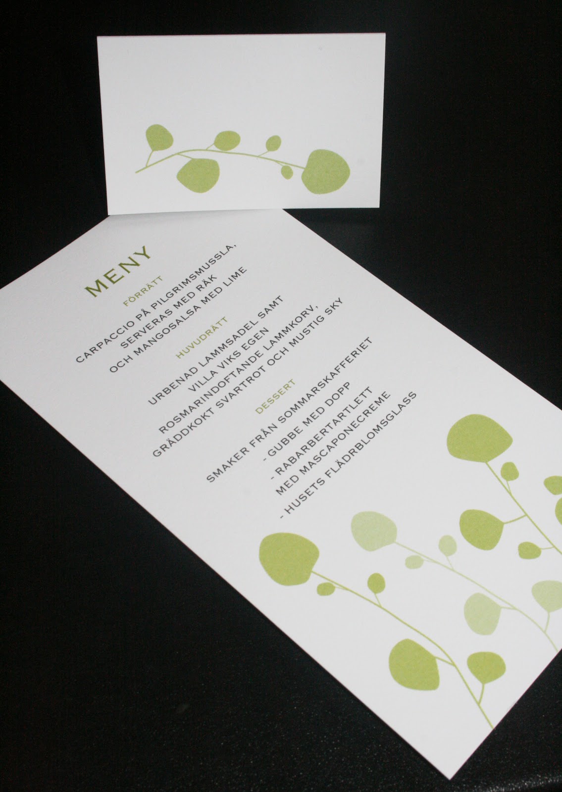 Menykort, placeringskort och tackkort