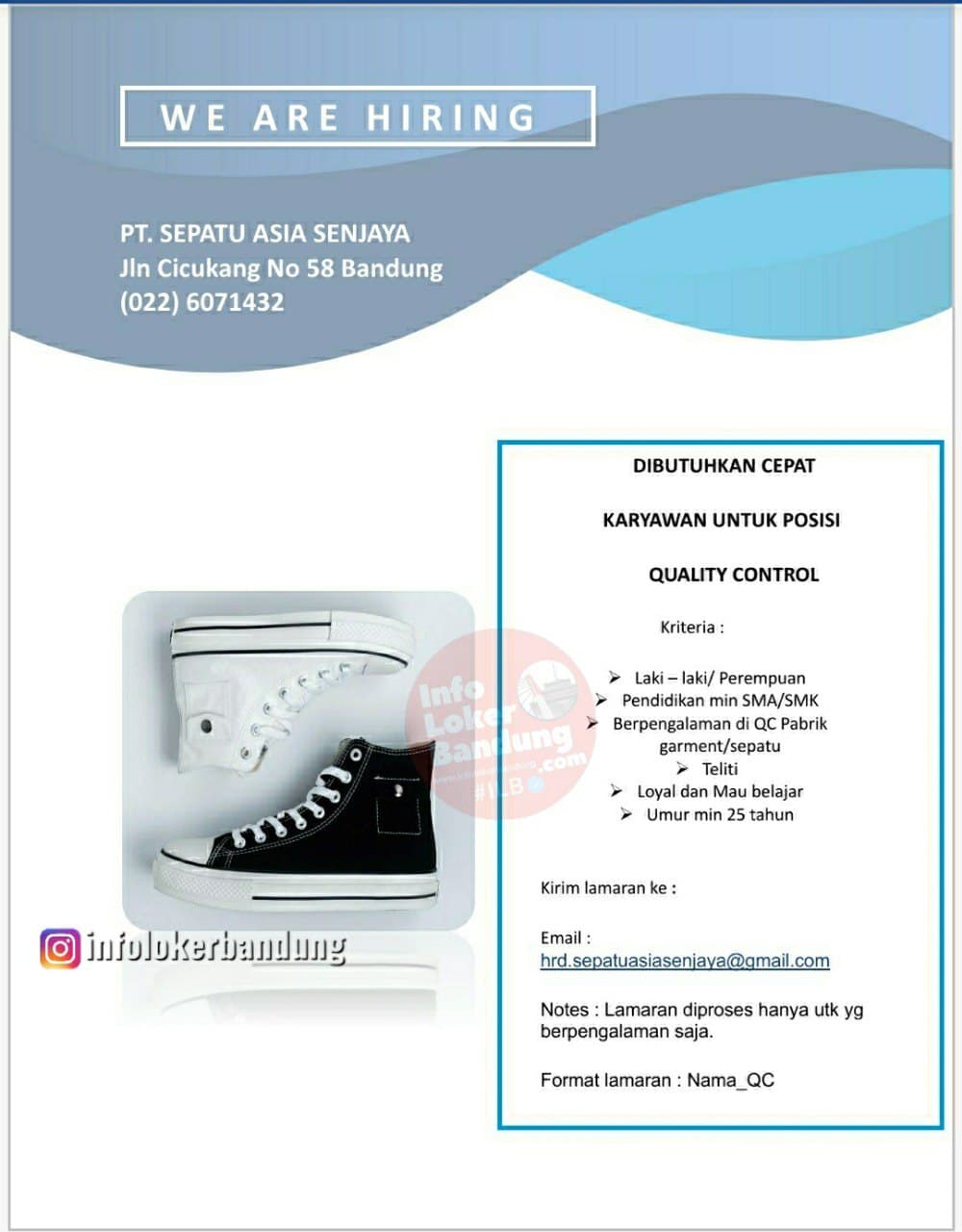 Lowongan Kerja Quality Control ( QC ) PT. Sepatu Asia Senjaya Bandung ...