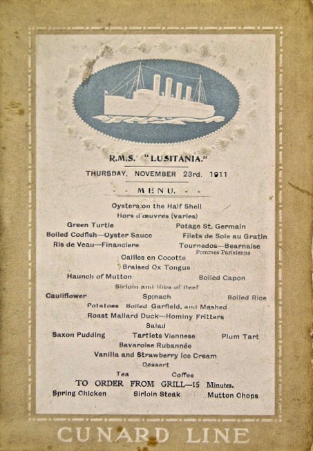 Nag on the Lake: First Class Menus from the Lusitania