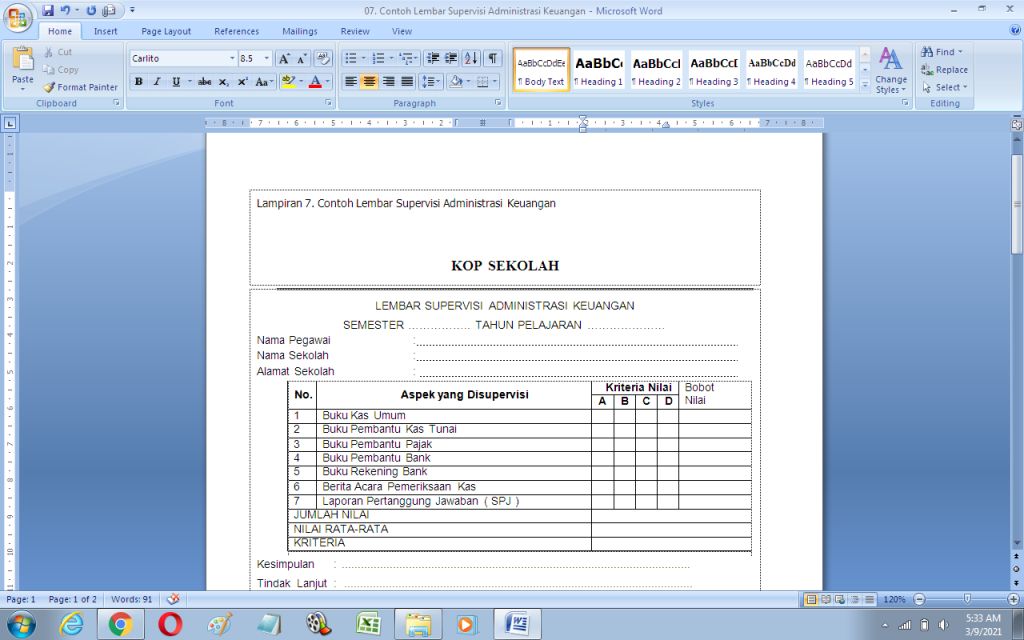 Contoh Lembar Supervisi Administrasi Keuangan Sekolah - antapedia.com