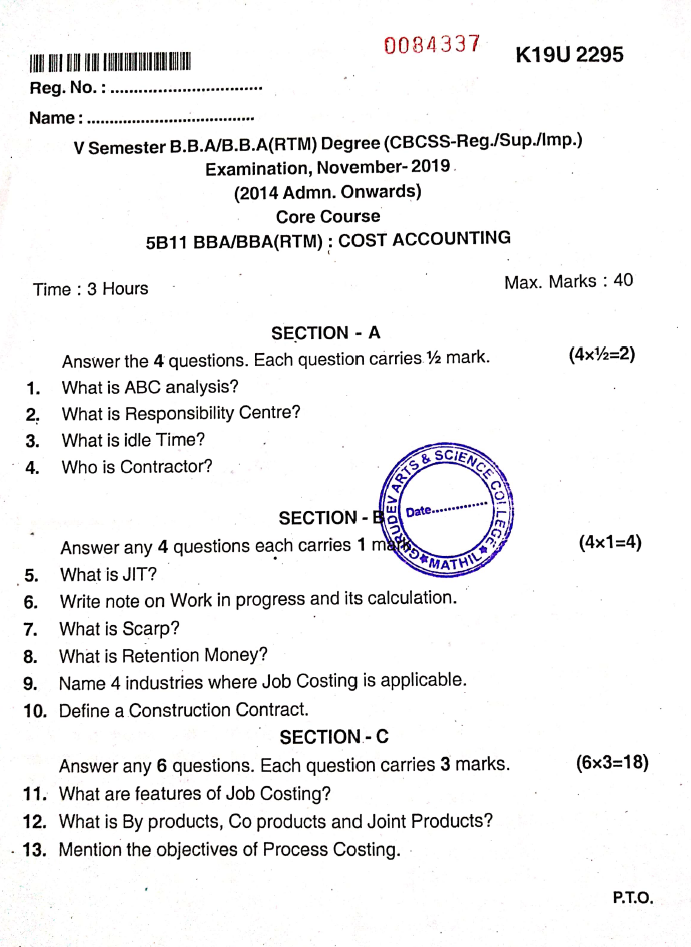 Kannur University 5B 11 BBA/BBA(RTM) : COST ACCOUNTING - NOVEMBER 2019 ...