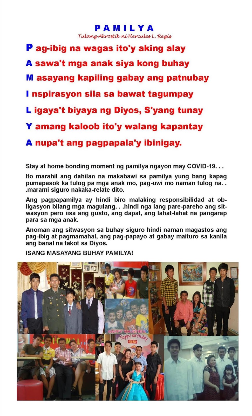 Antolohiya ng mga Tulang Akrostik at Sanaysay: PAMILYA (Akrostik)