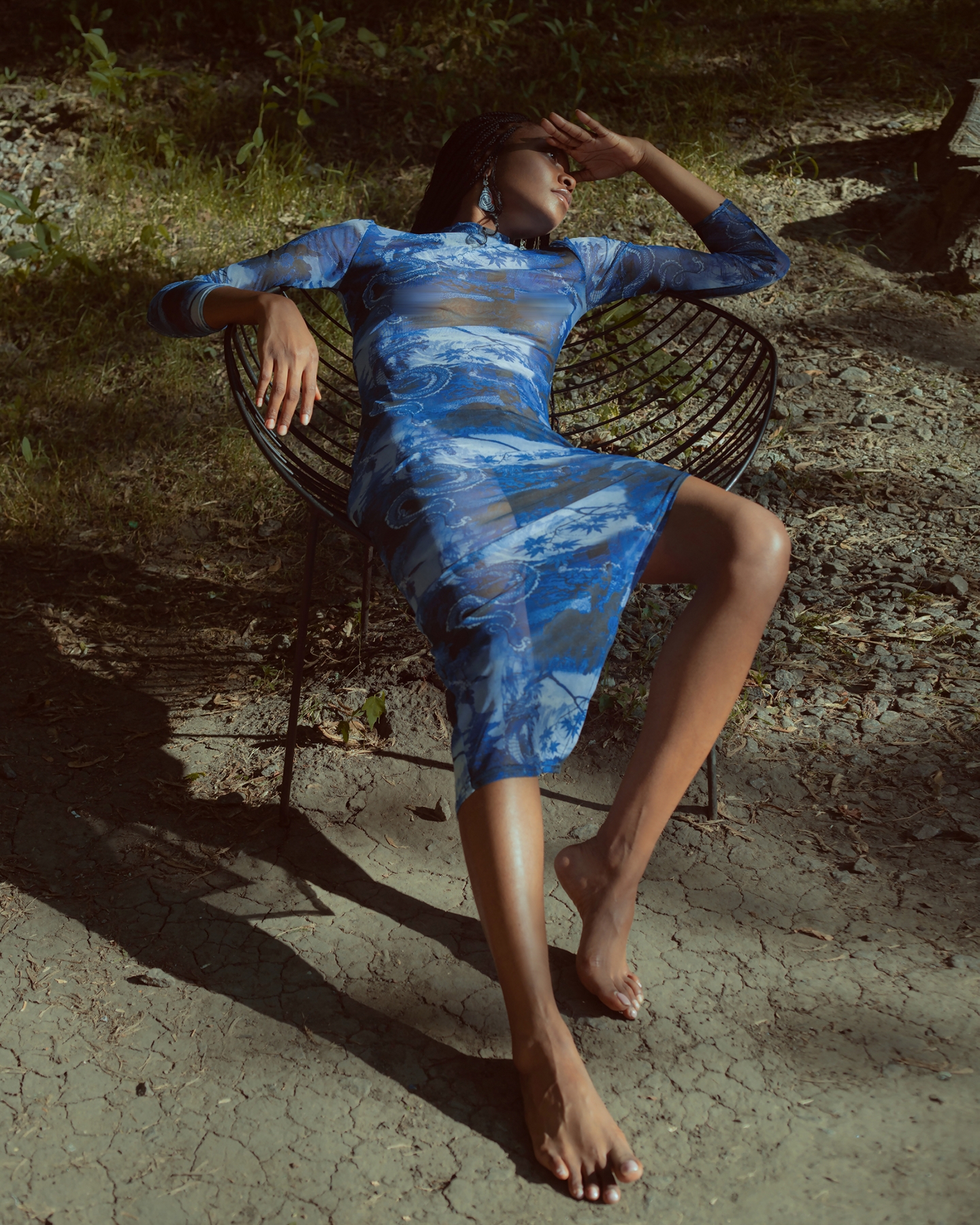 Blue Chinese Print Mesh Bodycon Maxi Dress | Melody Jacob