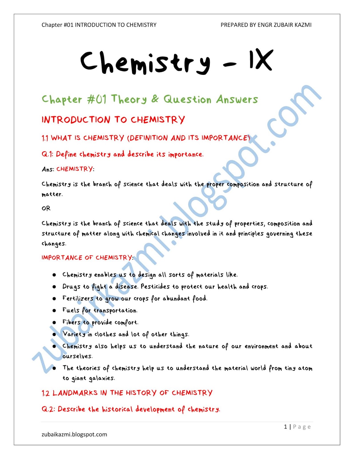 CHAPTER #1 - INTRODUCTION CHEMISTRY